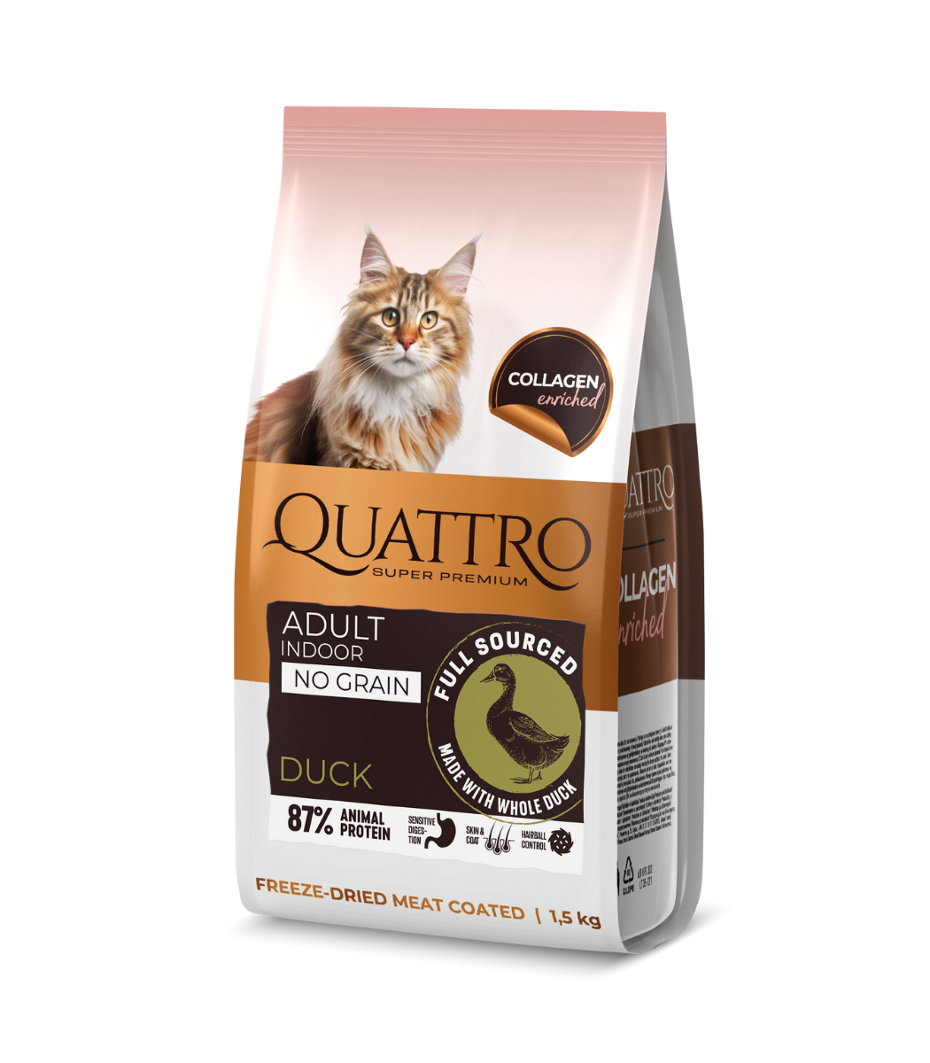 Dry cat food with duck & collagen for indoor adult cats – Qpet.lv